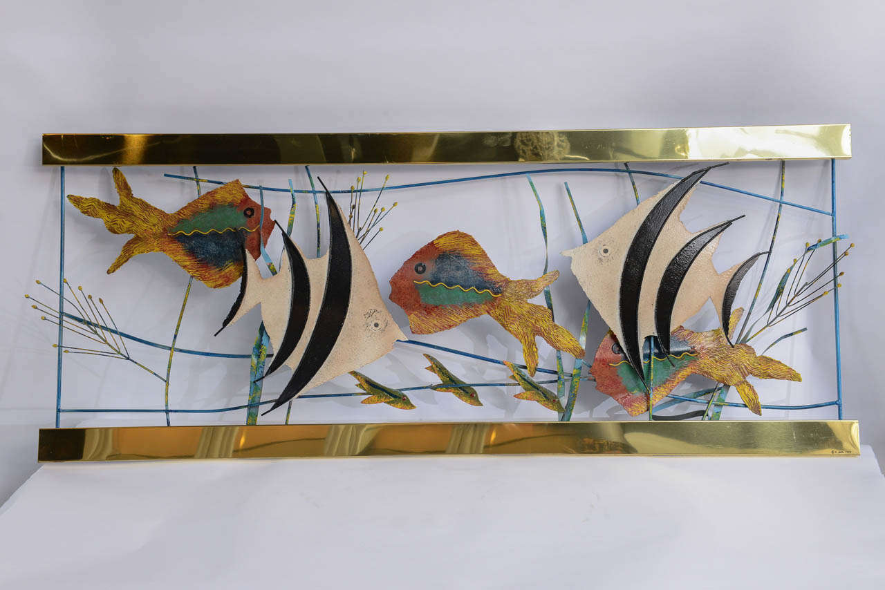 Tropical Fish in Aquarium, Metal Wall Sculpture, Signed C. Jere at ...