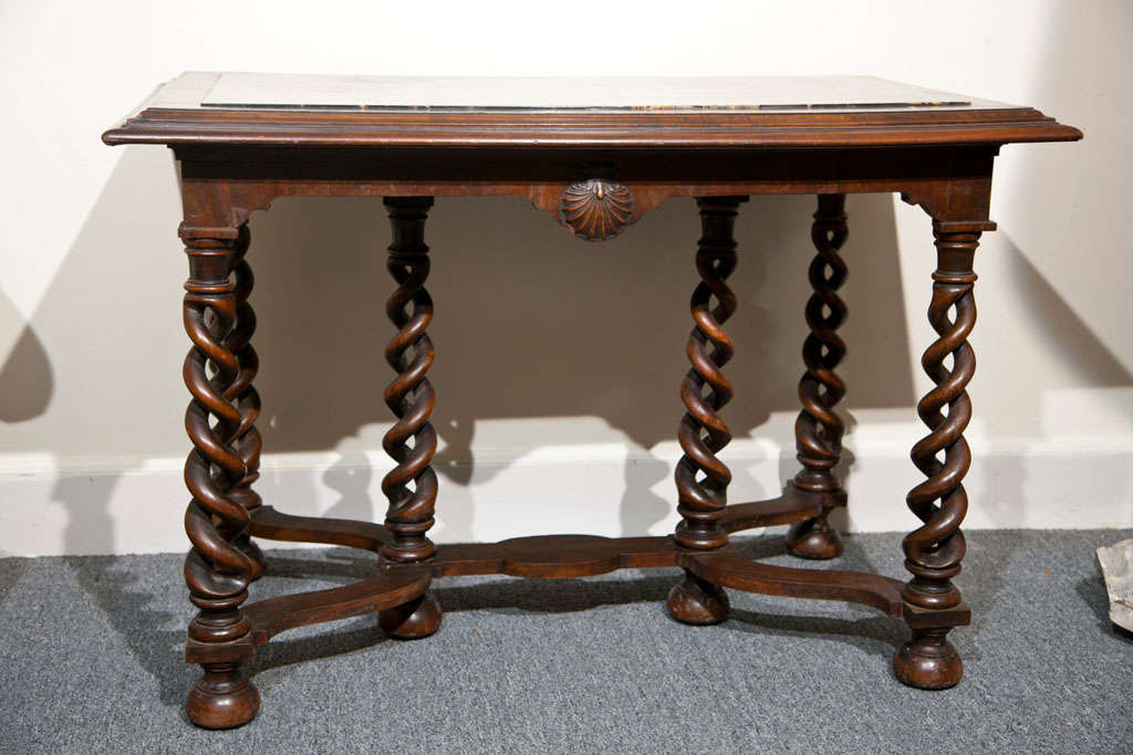 Mahogany Center Library Table - 6 Barley Twist Legs Shell Motif at 1stDibs