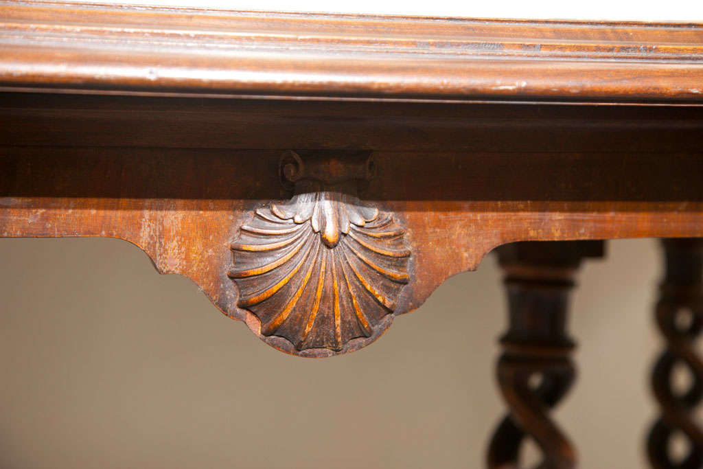 Mahogany Center Library Table - 6 Barley Twist Legs Shell Motif at 1stDibs