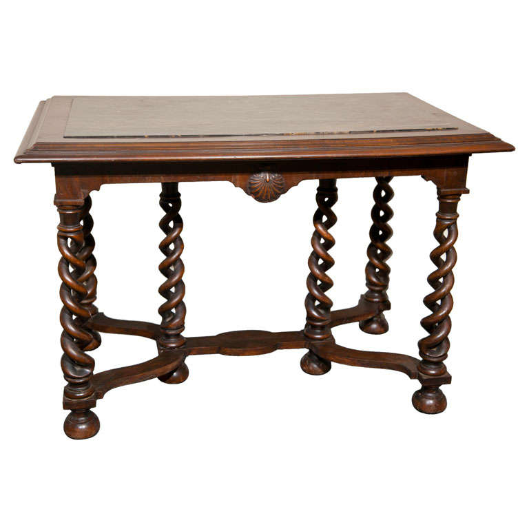 Mahogany Center Library Table - 6 Barley Twist Legs Shell Motif at 1stDibs