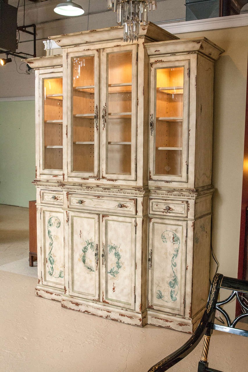 Two-Piece Paint Decorated China Cabinet Breakfront Lighted Interior ...