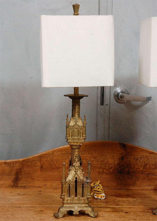 Pair Antique Gilt Bronze Table Lamps with Shades at 1stDibs