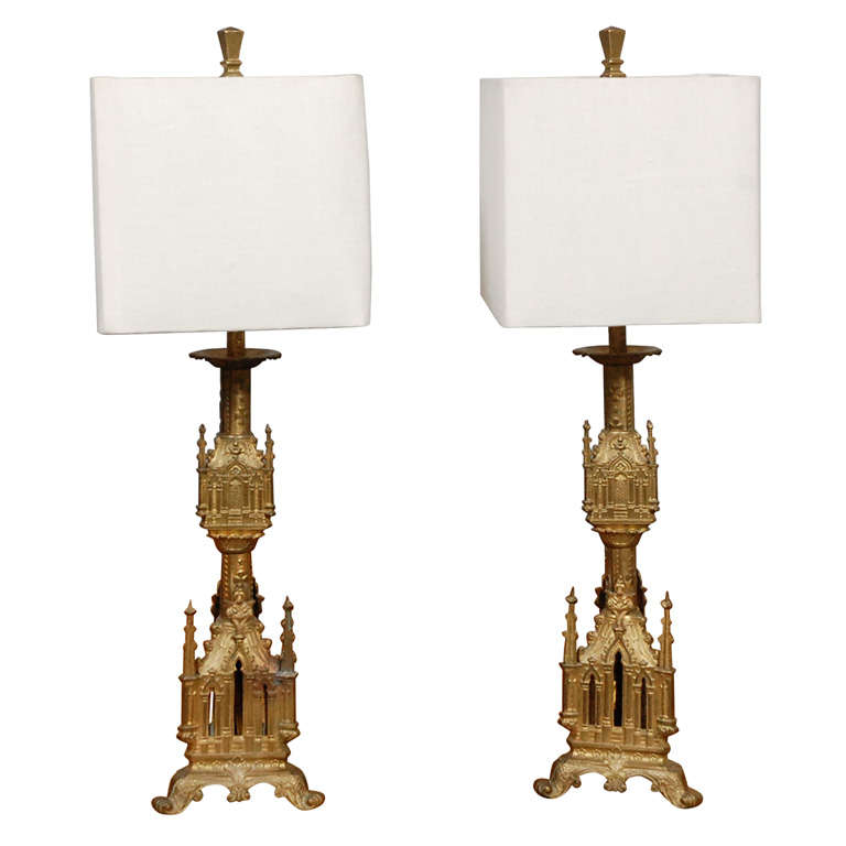 Pair Antique Gilt Bronze Table Lamps with Shades at 1stDibs