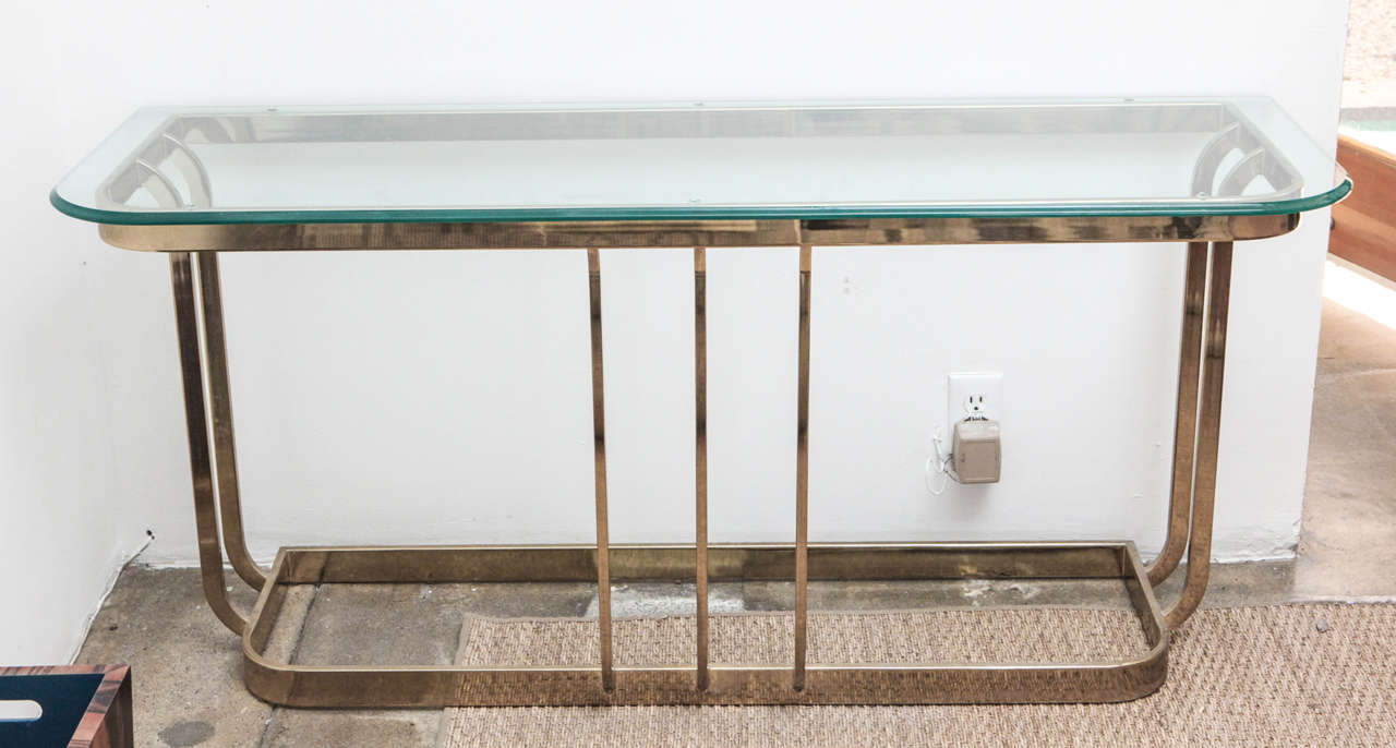 Milo Baughman Glass and Brass Console Table at 1stDibs
