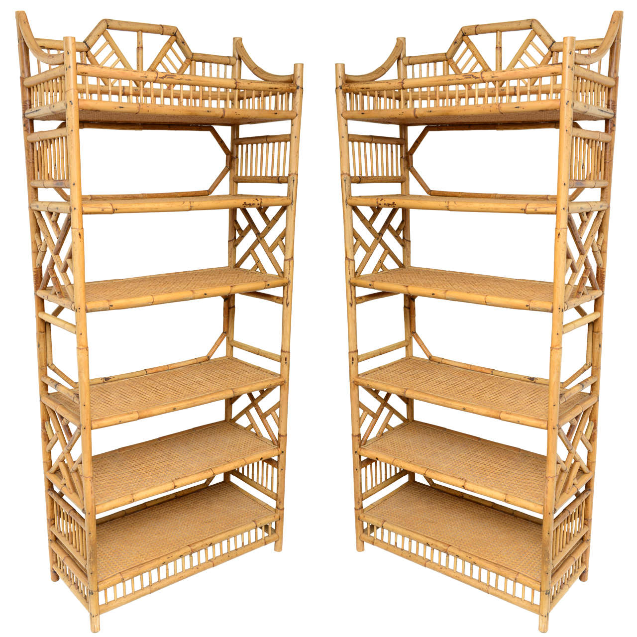 Pair of Large Six Tier Vintage Bamboo and Caned Etageres at 1stDibs
