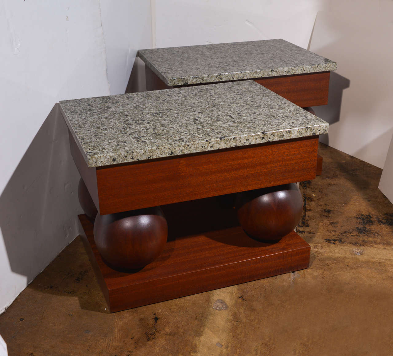 Stylish pair Modernist mid century modern mahogany and granite end ...