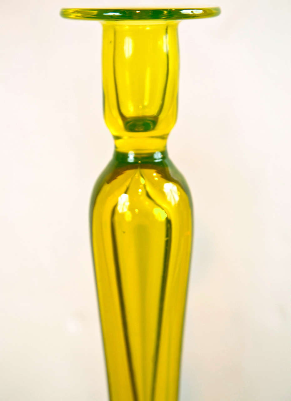 Pair of Rare Yellow Vaseline Handblown Glass Candlesticks at 1stDibs