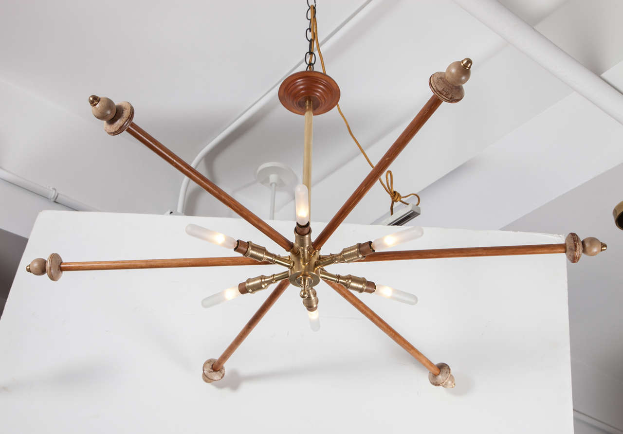 Wood and Brass Sputnik Light Fixture at 1stDibs