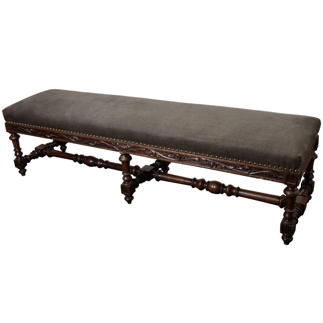Long English Bench with Linen Upholstery at 1stDibs