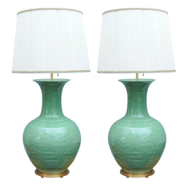Pair of Large Chinese Ming Style Celadon Glazed Vase Lamps at 1stDibs