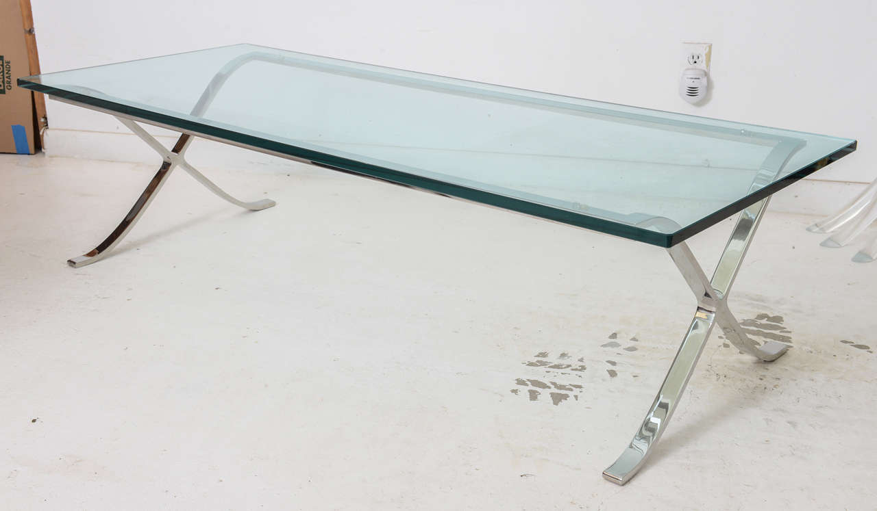 Modern Rectangular Glass and Polished Chrome "X-Base" Cocktail Table at ...