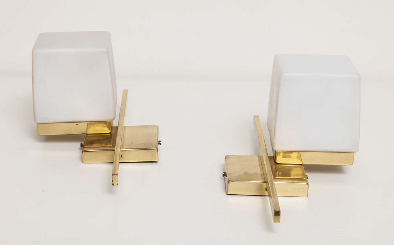 Elegant Pair of Brass and White Glass Sconces at 1stDibs
