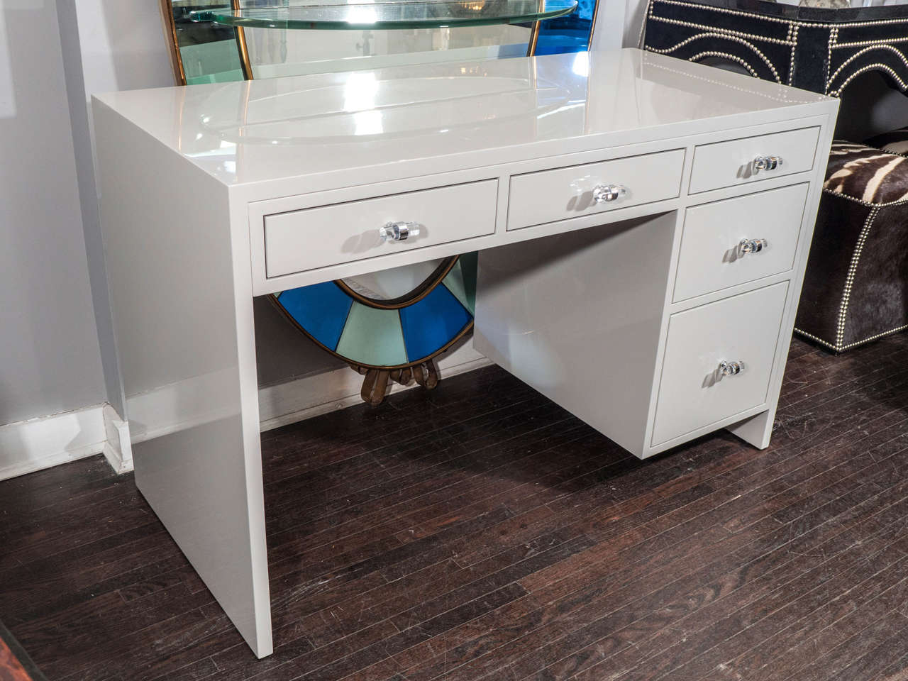 Custom 5-Drawer Lacquered Desk with Polished Chrome and Lucite Knobs ...