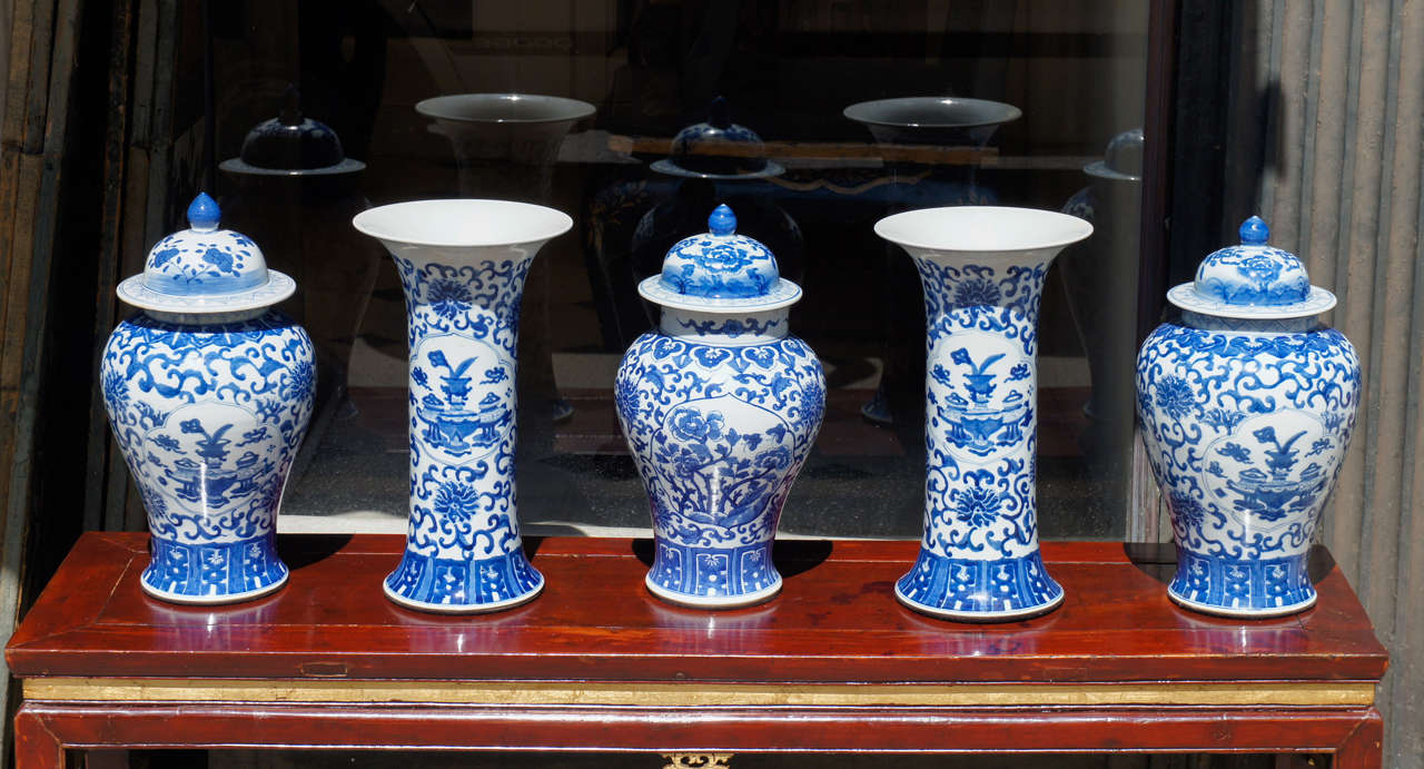 A Large Scale Five Piece Blue and White Chineses Garniture Set at 1stDibs