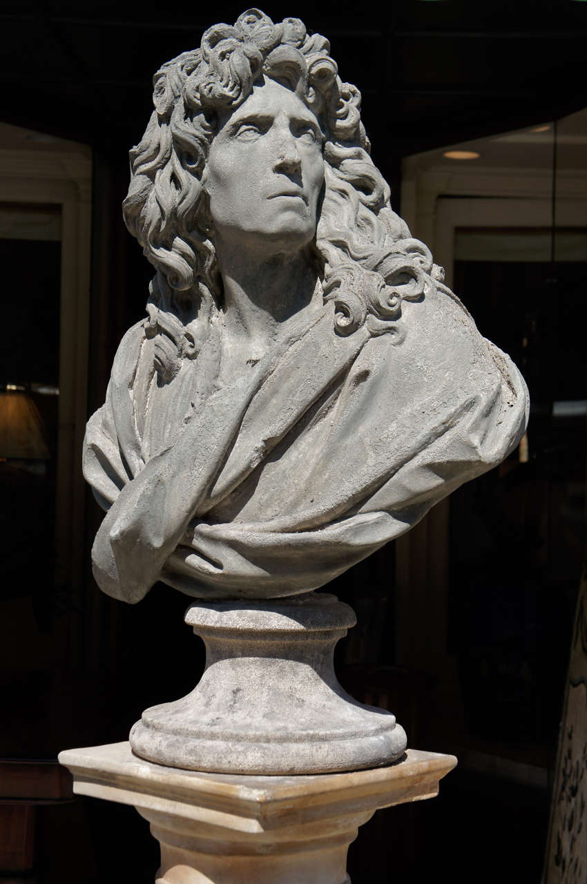 19 C Cast Plaster Bust of Moliere with Limestone Socle on Plaster ...