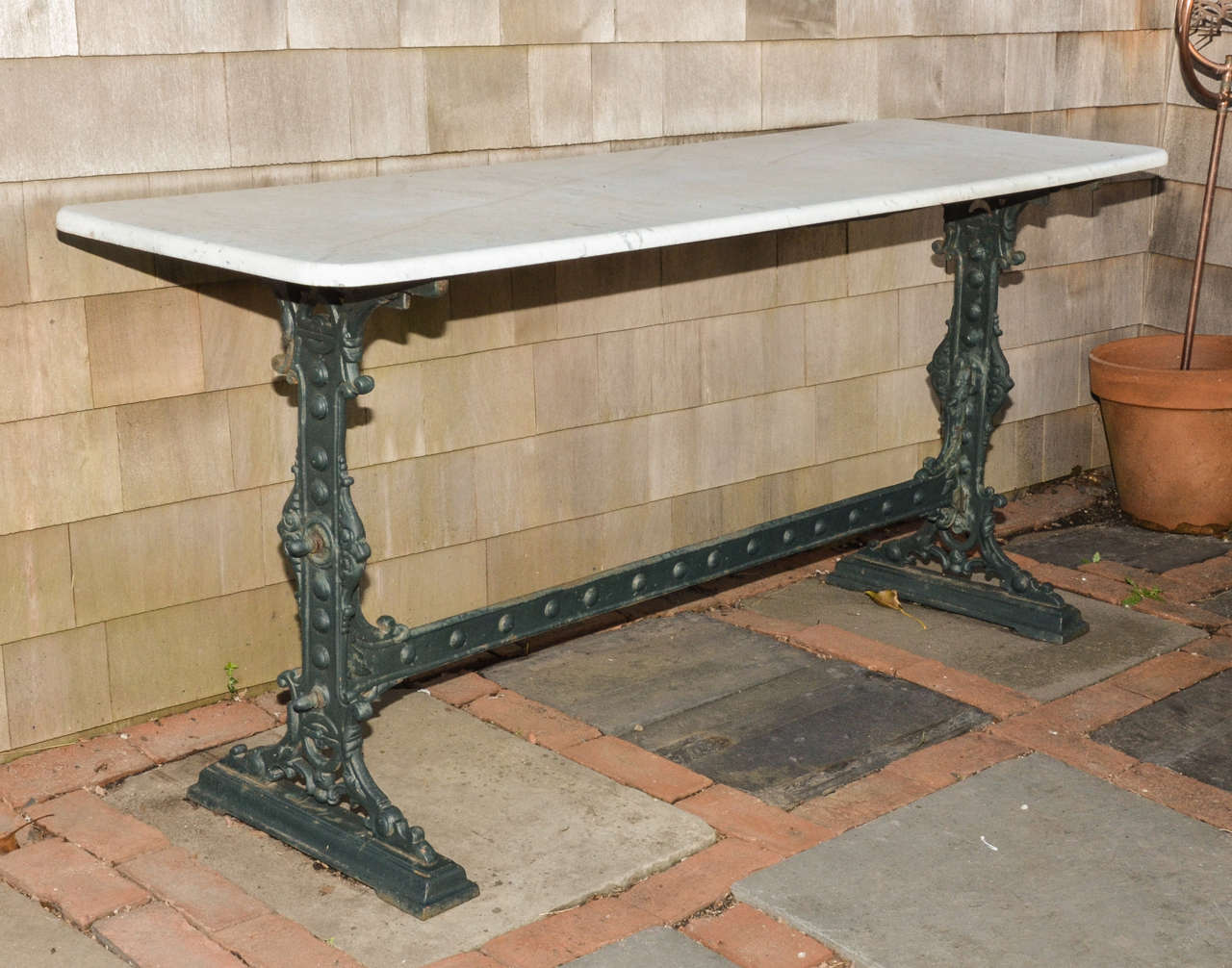 Unusually Long Marble Top Cast Iron English Pub Table at 1stDibs