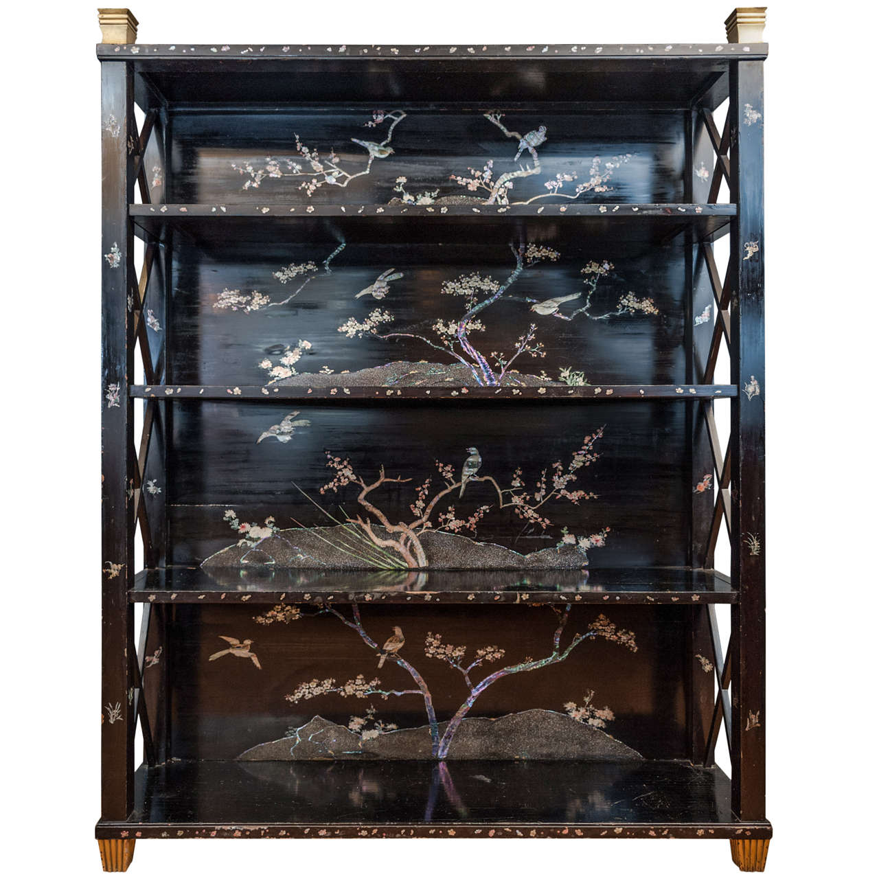 A Black Lacquer and Mother of Pearl Open Bookcase For Sale at 1stDibs