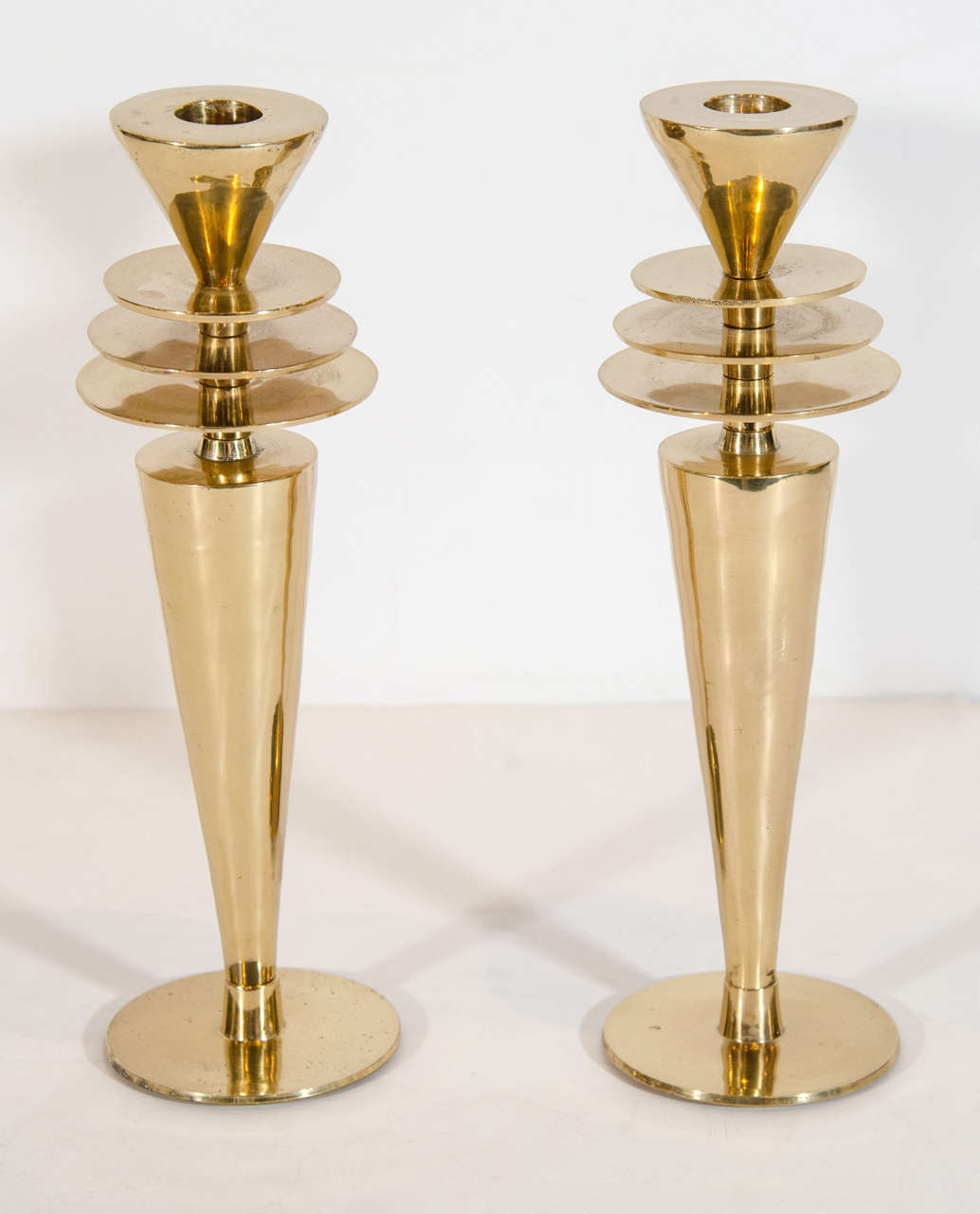 Pair of Machine Age Candle Holders in Gold Plated Brass at 1stDibs