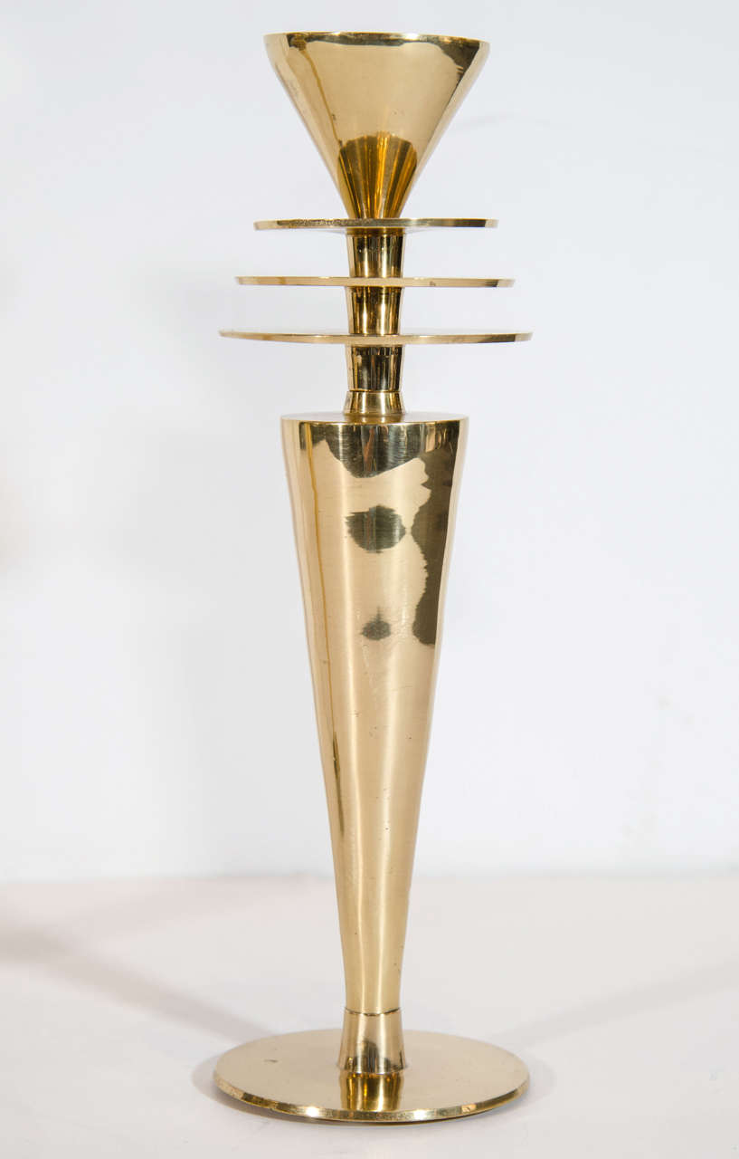 Pair of Machine Age Candle Holders in Gold Plated Brass at 1stDibs