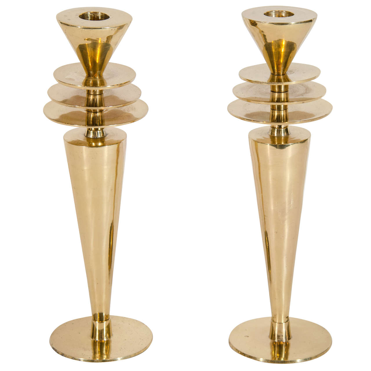 Pair of Machine Age Candle Holders in Gold Plated Brass at 1stDibs