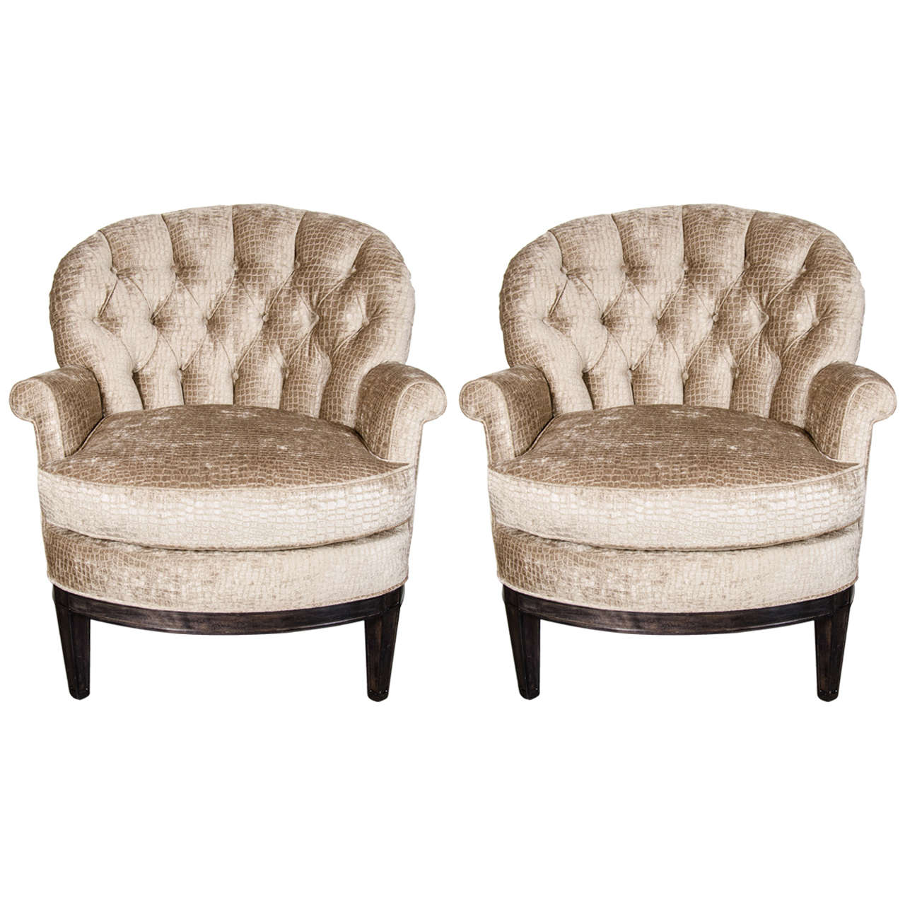 Pair of Mid-Century Tufted Club Chairs in Crocodile Gauffraged Velvet ...