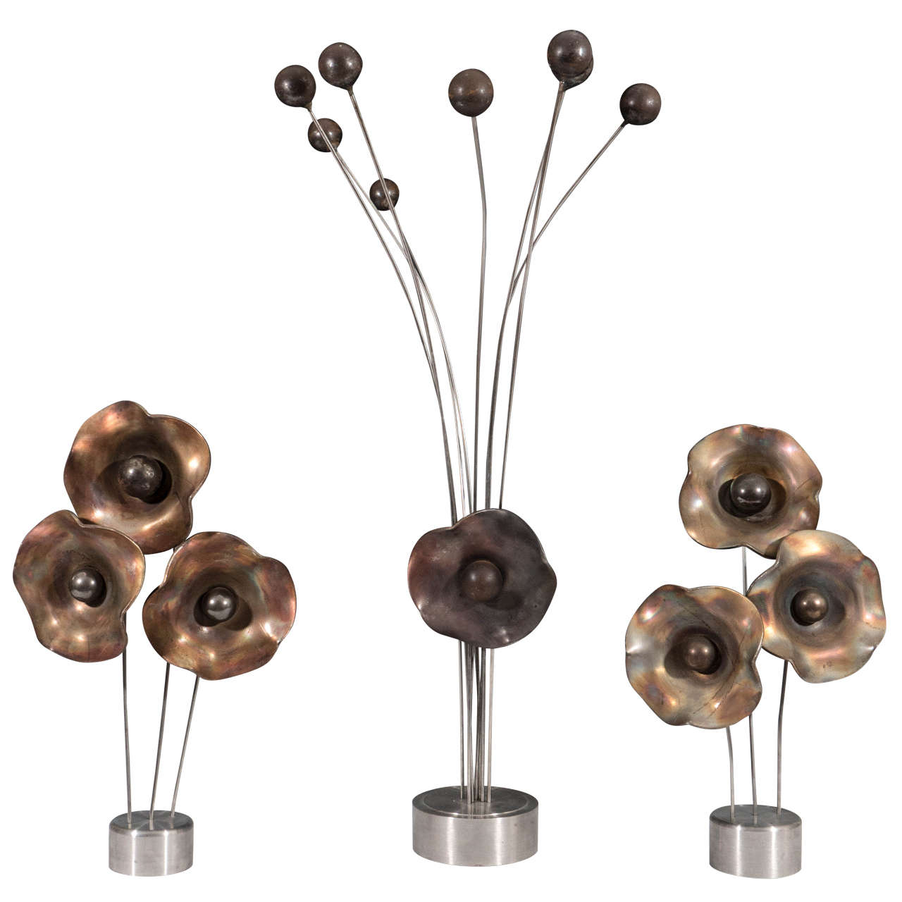 Modernistic Set of Three Kinetic Mixed Metal Flower and Ball Sculptures ...