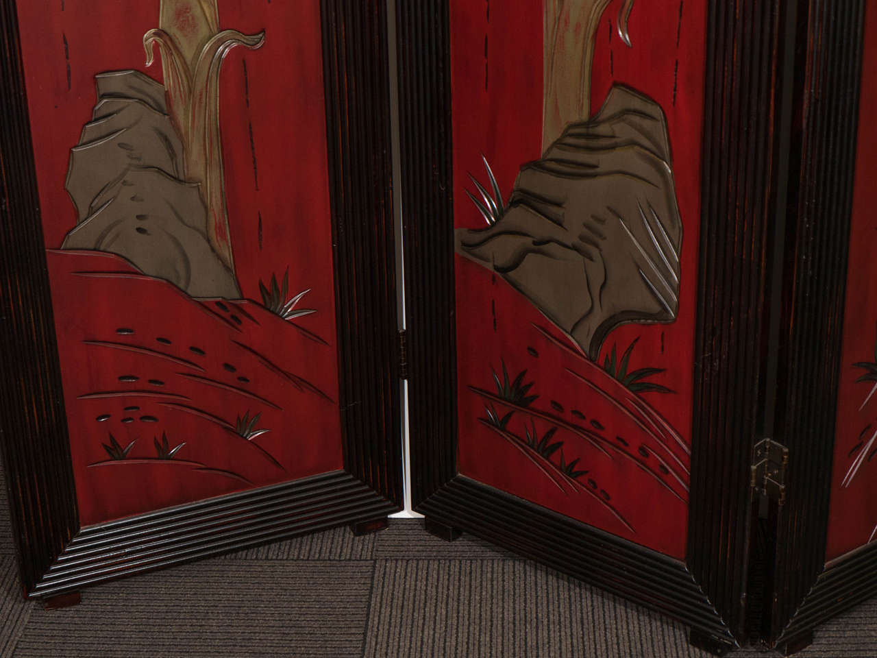 20th Century Three-Panel Asian Screen in Red with Palm Leaf Accent at ...