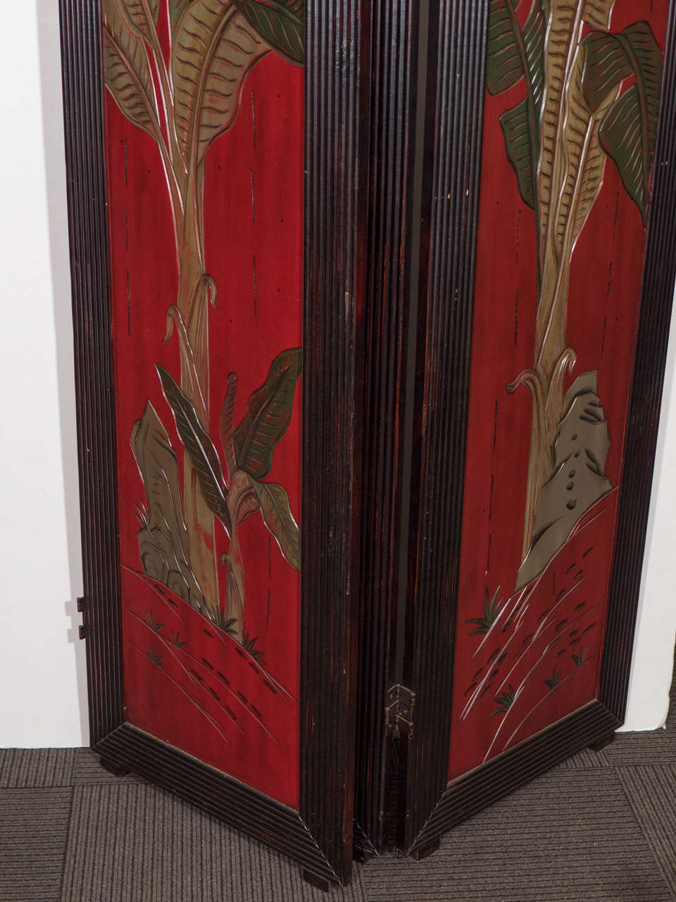 20th Century Three-Panel Asian Screen in Red with Palm Leaf Accent at ...