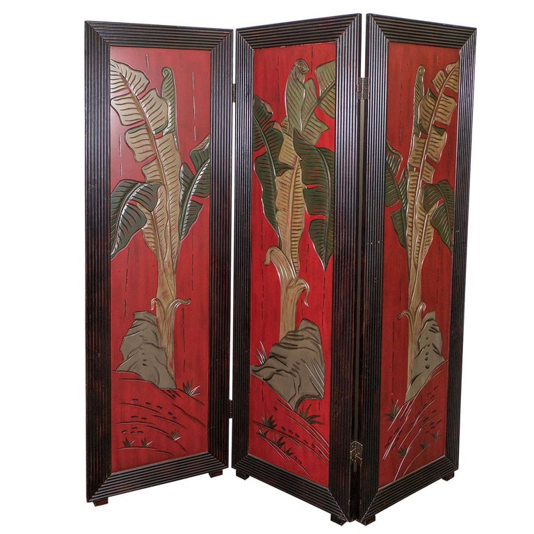 20th Century Three-Panel Asian Screen in Red with Palm Leaf Accent at ...