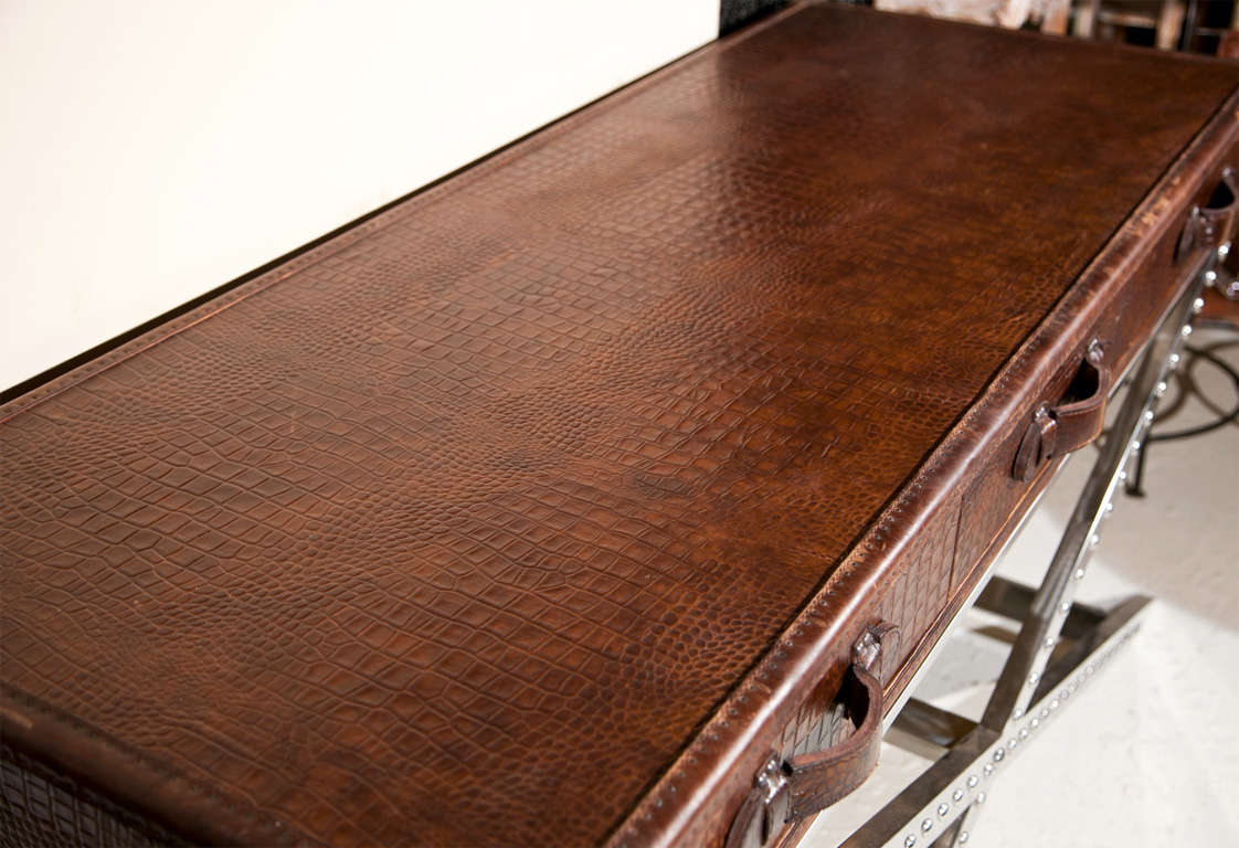 Hollywood Regency Style Faux Alligator Leather Desk With X-based Chrome ...