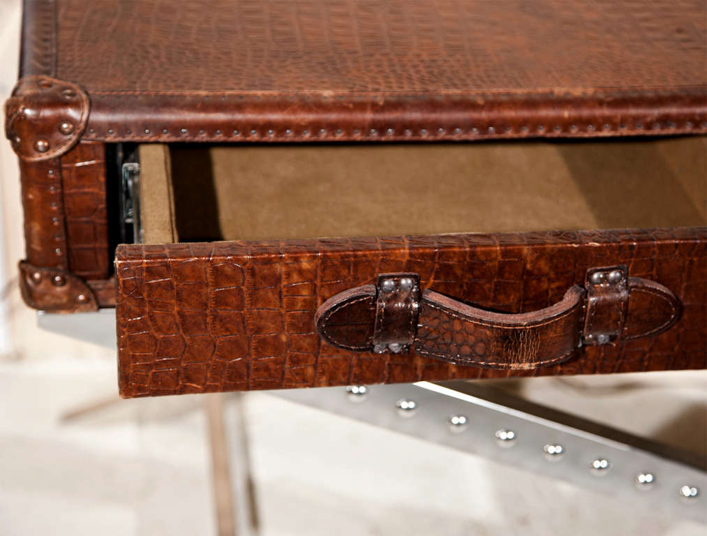 Hollywood Regency Style Faux Alligator Leather Desk With X-based Chrome ...