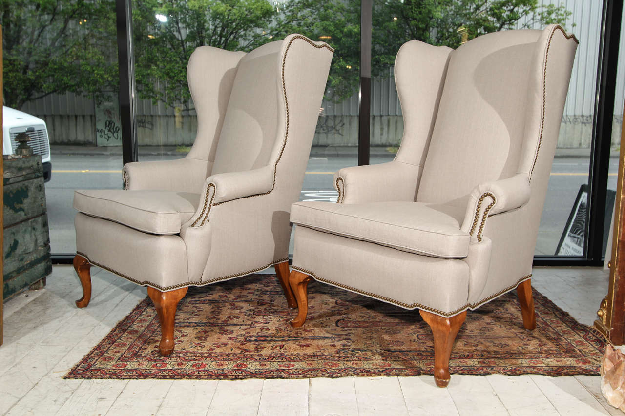 Pair of Grey Linen and Nailhead Wing Chairs at 1stDibs | wingback chair ...