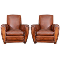 Pair of French Leather Club Chairs with Pleated Fronts at 1stDibs