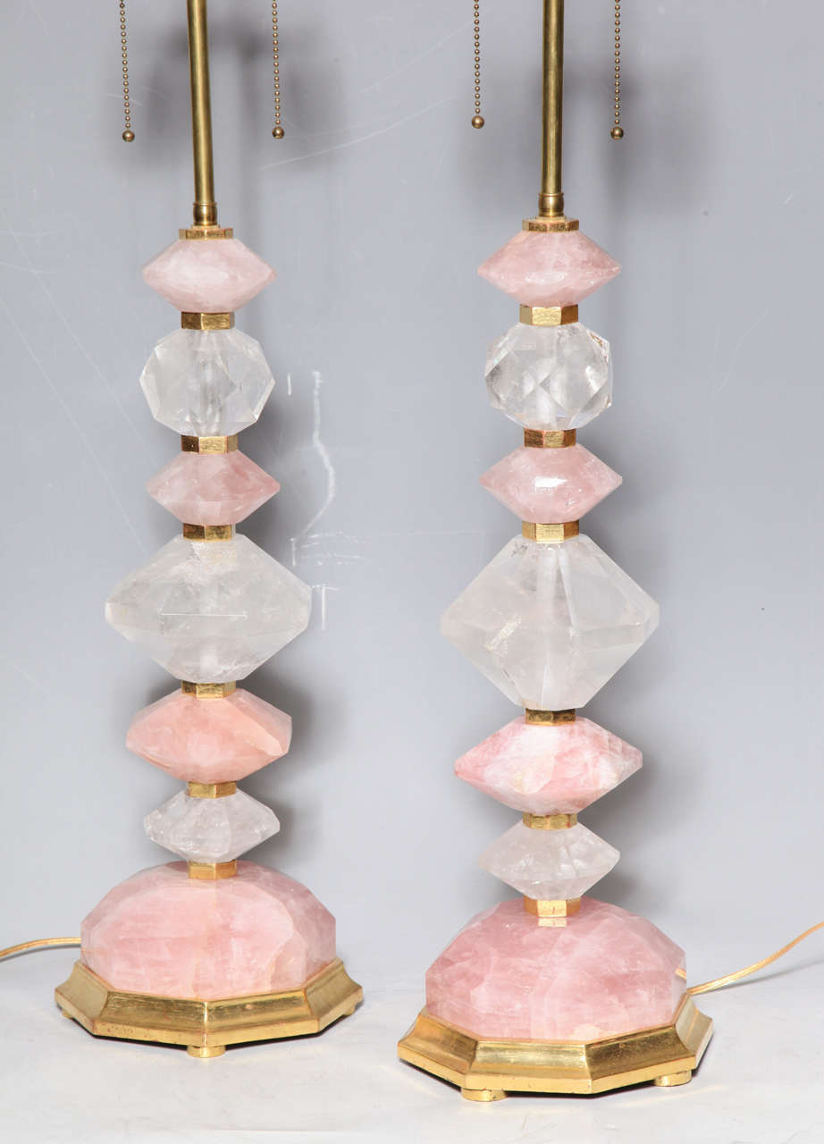 Fine Pair of Bagues Style, Geometric Rock Crystal and Rose Quartz Table ...