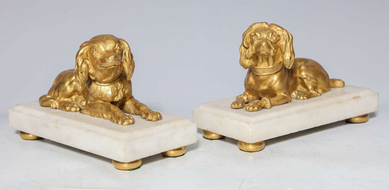 Rare Pair of French Louis XVI Doré Bronze Dogs on Carrara Marble Bases ...