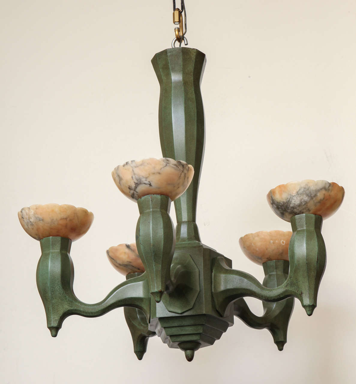 Polychrome Bronze And Alabaster Five Light Chandelier For Sale at 1stDibs