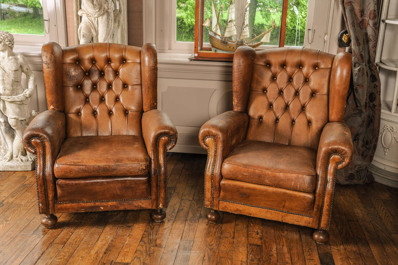 Pair of Antique Vintage Leather Club Chairs at 1stDibs