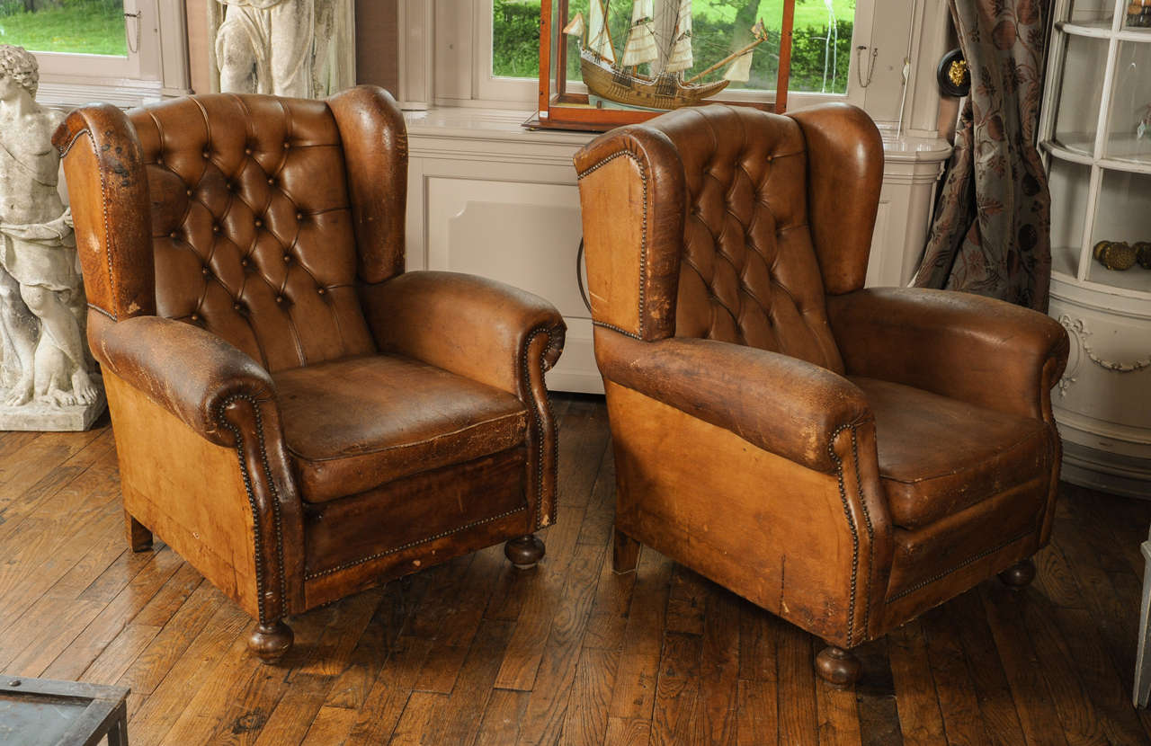 Pair of Antique Vintage Leather Club Chairs at 1stDibs