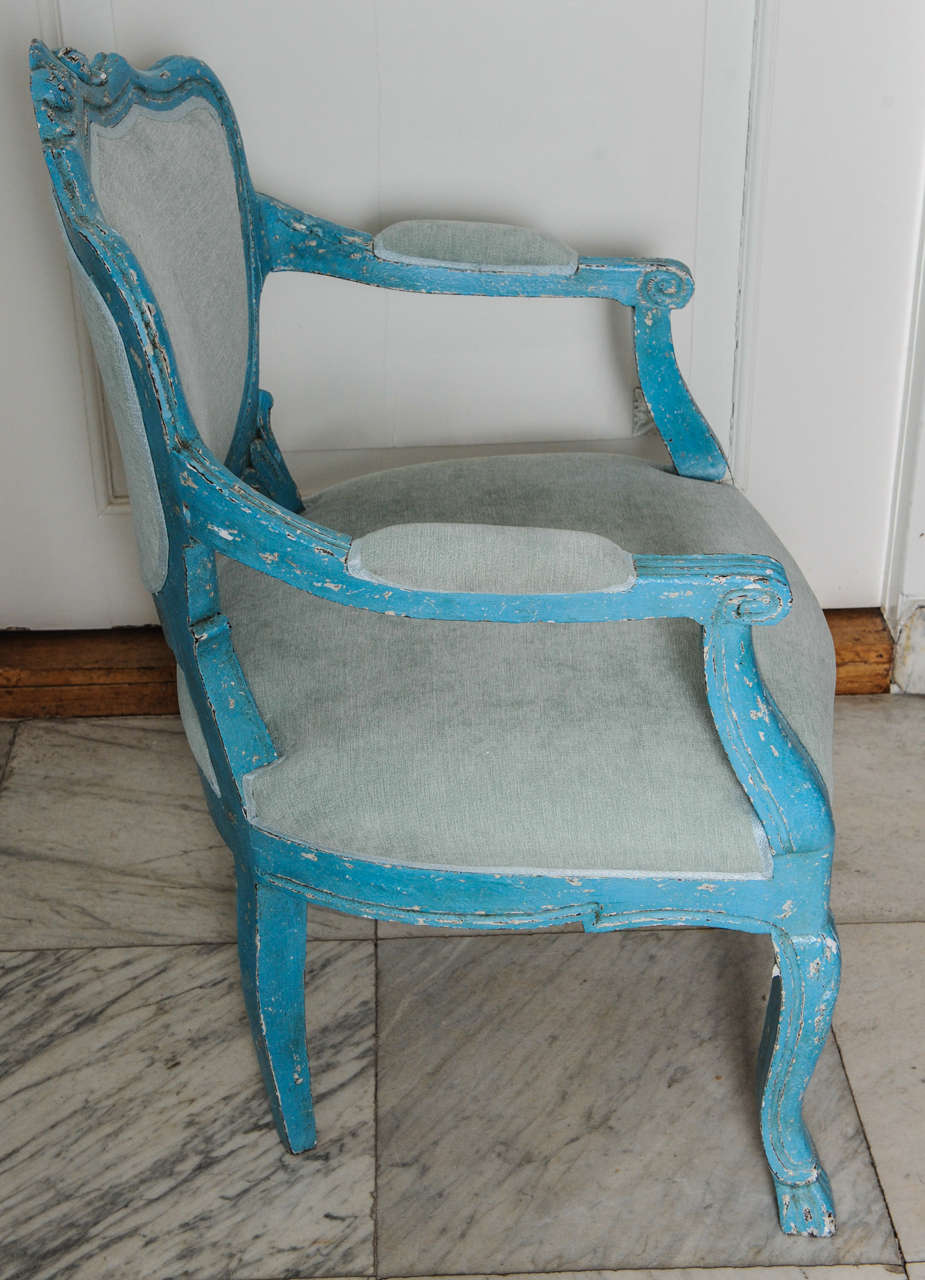 Set of 6 Antique Dining Chairs with Azure Blue Patina For Sale at 1stDibs