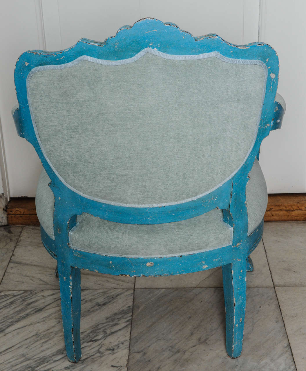 Set of 6 Antique Dining Chairs with Azure Blue Patina For Sale at 1stDibs