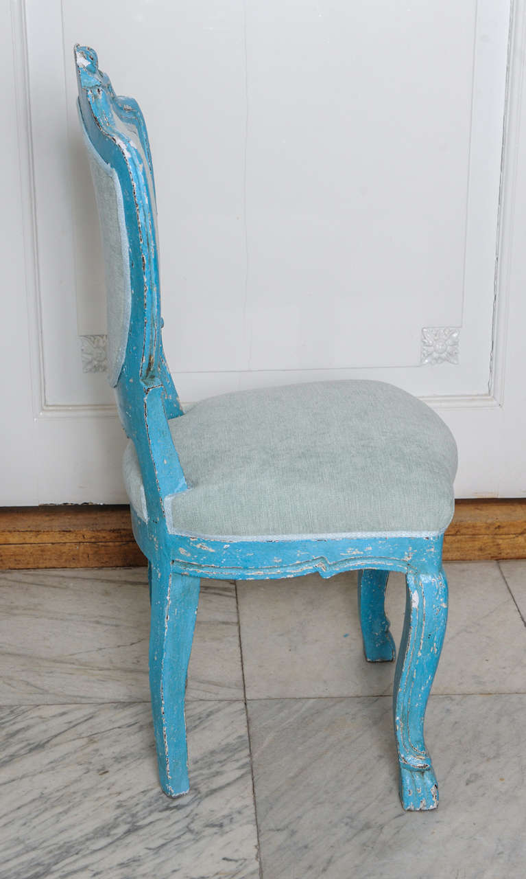 Set of 6 Antique Dining Chairs with Azure Blue Patina For Sale at 1stDibs