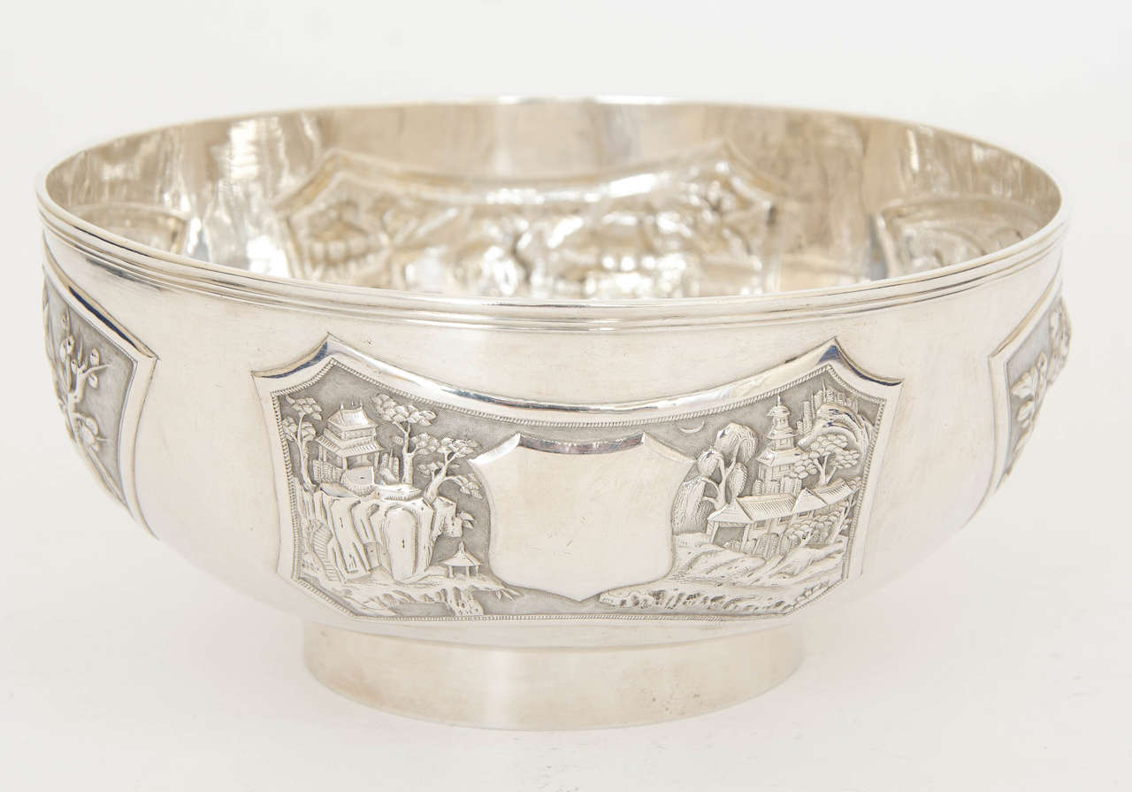 Chinese Export Silver Bowl with Floral and Figural Decoration For Sale ...