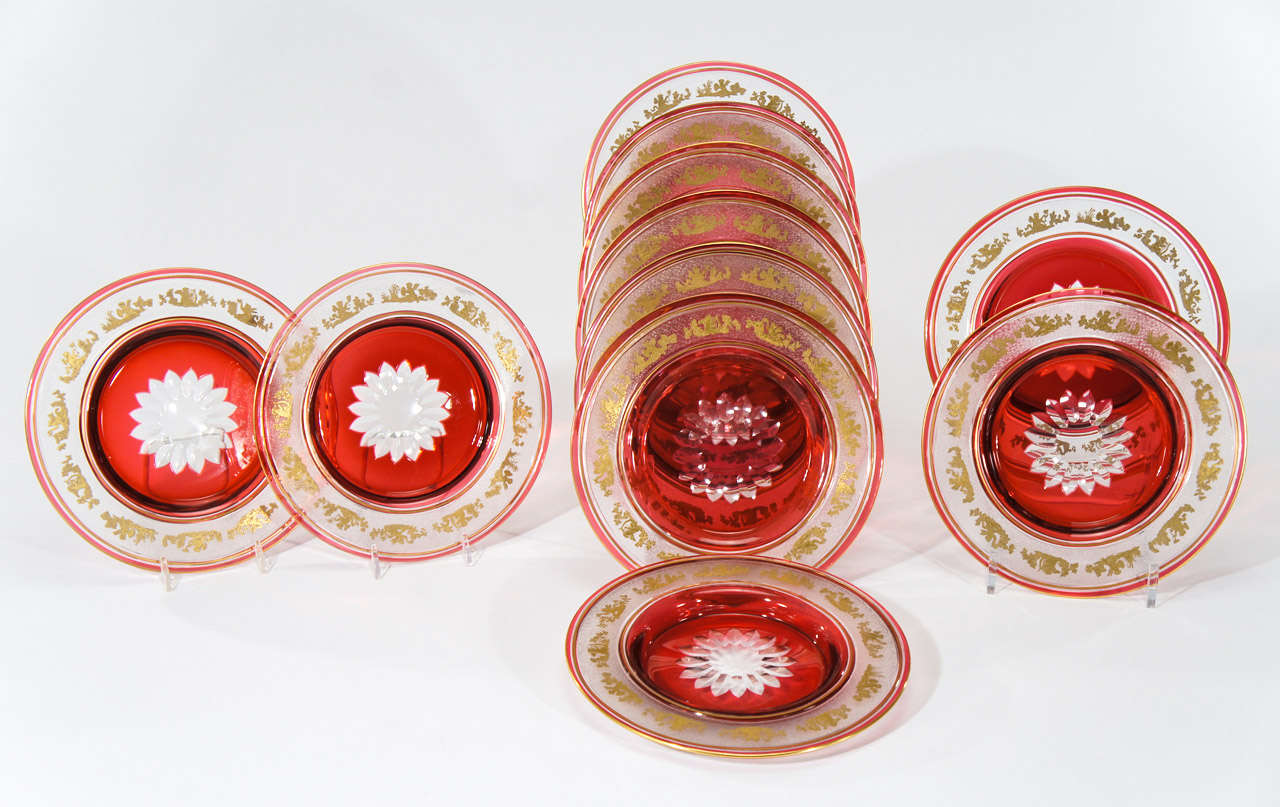 12 Val St. Lambert Cranberry Crystal Gilded Dessert Plates For Sale at ...