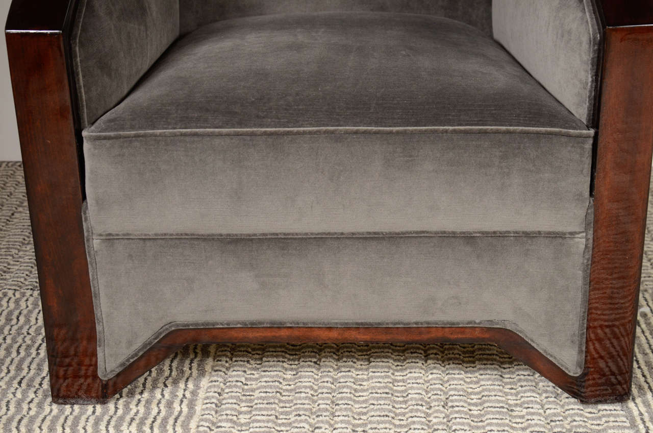 Pair of Cubist Art Deco Club Chairs in Mahogany and Velvet at 1stDibs