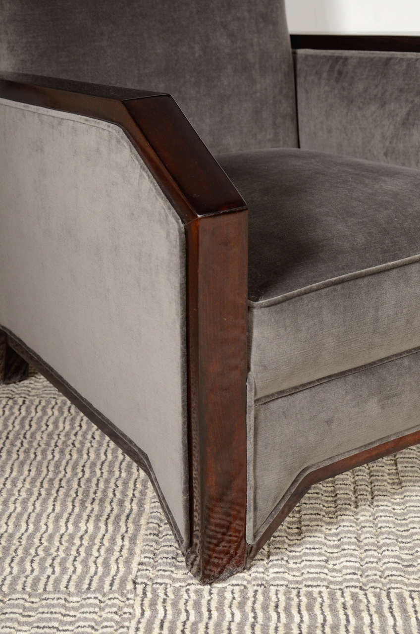 Pair of Cubist Art Deco Club Chairs in Mahogany and Velvet at 1stDibs