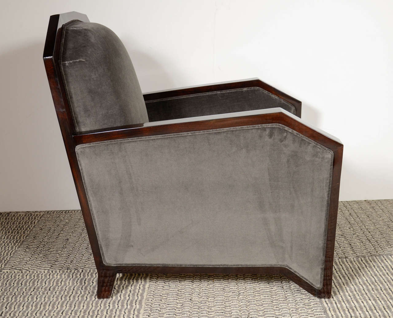 Pair of Cubist Art Deco Club Chairs in Mahogany and Velvet at 1stDibs