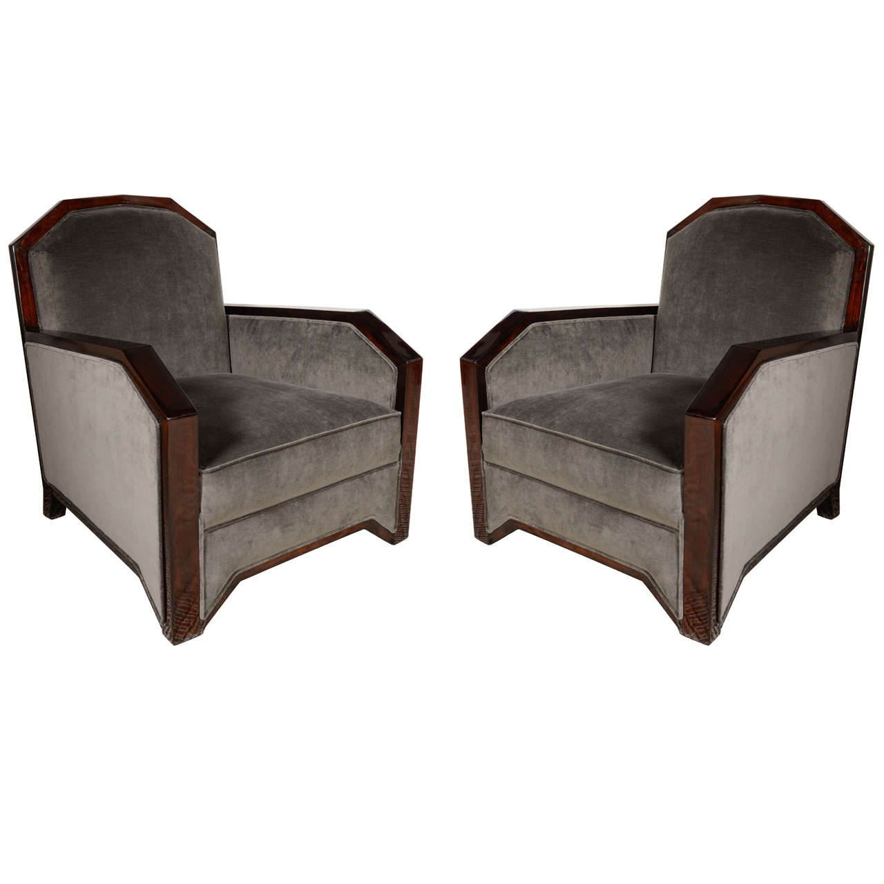 Pair of Cubist Art Deco Club Chairs in Mahogany and Velvet at 1stDibs