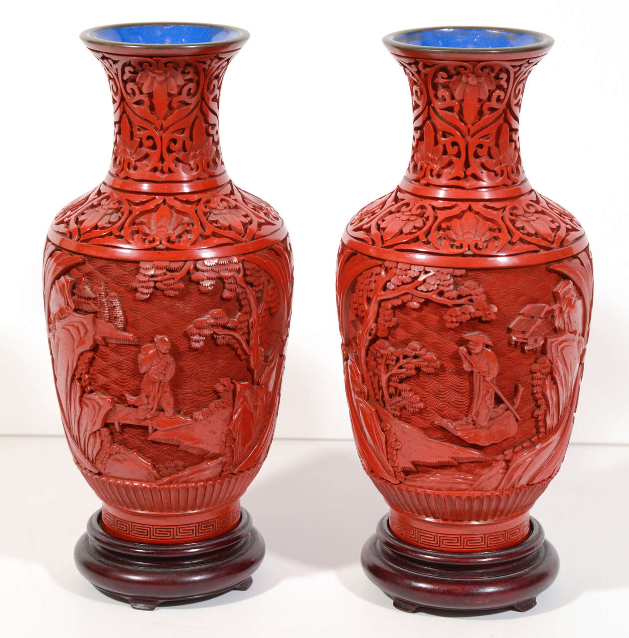 Pair of Antique Chinese Cinnabar and Ceramic Vases at 1stDibs