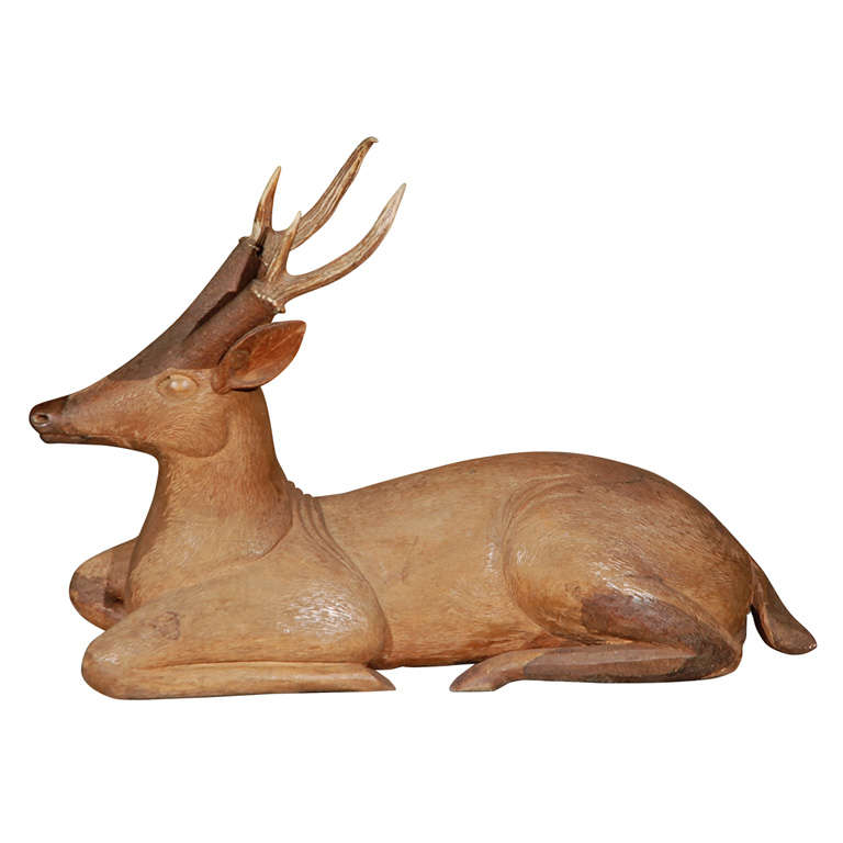 Carved Wood Reclining Deer at 1stDibs