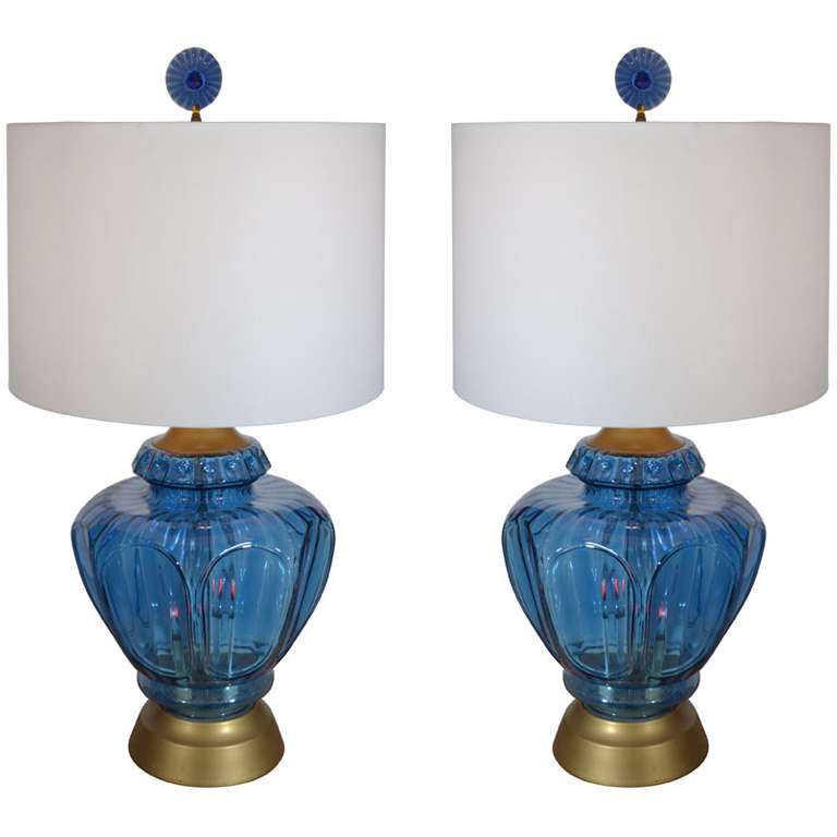 Pair Of Mid Century Blue Glass Lamps For Sale At 1stdibs Mid Century Glass Lamp Blue Glass